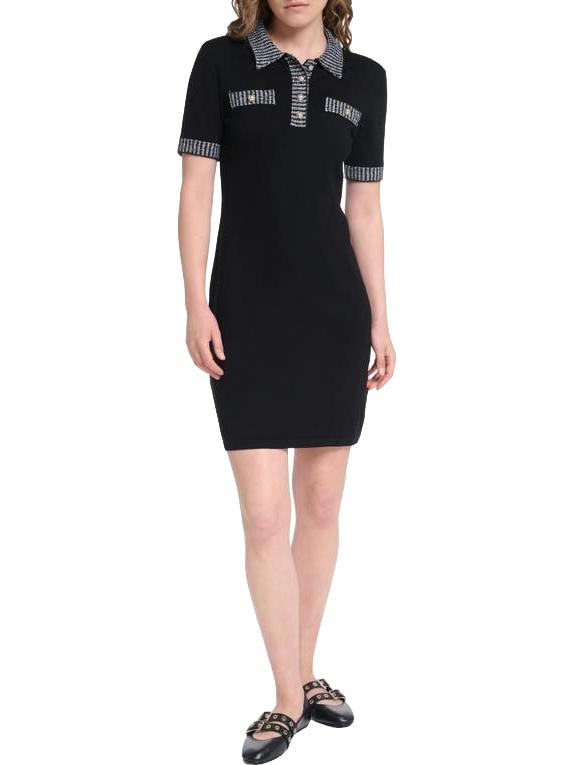 KARL LAGERFELD PARIS KARL LAGERFELD PARIS Short Sleeve Sweater Dress with Tweed Collar and Pockets